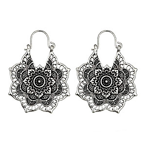 S5E5X Women Earrings Antique Silver Gypsy Indian Tribal Ethnic Hoop Dangle Mandala Earrings Boho Openwork Flower Alloy Earrings (Gold)
