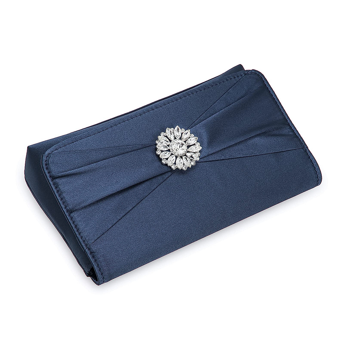 CHARMING TAILOR Evening Bag for Women Pleated Flap Satin Formal Purse Diamantes Brooch Embellished Clutch (Navy)