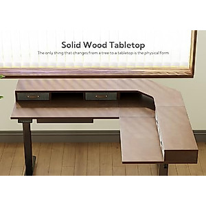 INNOVAR Triple Motor L Shaped Standing Desk with Drawers, Solid Wood Adjustable Corner Stand Up Desk, 63" Electric Standing Desk for Home Office, Black Frame/Brown Top