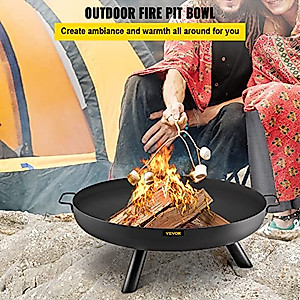 VEVOR Fire Pit Bowl, 30-Inch Deep Round Carbon Steel Fire Bowl, Wood Burning for Outdoor Patios, Backyards & Camping Uses, with A Drain Hole, Portable Handles and A Firewood Stick, Black
