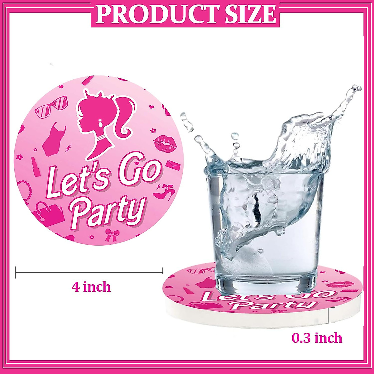 Drink Coasters with Holder, Absorbent Coaster Sets of 6, Let's Go Party Pink Girl Ceramic Coasters for Tabletop Protection,Suitable for All Kinds of Cups, Wooden Table, Cool Home Decor, 4 Inches