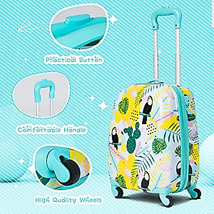 GYMAX Kids Carry On Luggage Set, 12" & 16" 2PCS Rolling Suitcase (Flamingos)