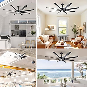 CJOY 72 inch Large Ceiling Fans with Lights and Remote, Black Modern Ceiling Fan for Patio 8 Blades, 6-Speed, Reversible DC Motor, Dimmable LED, Ceiling Fan with 12" & 24" Downrod, Indoor/Outdoor