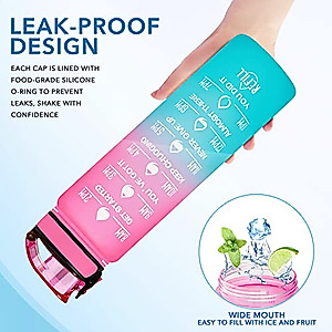 Enerbone 32 oz Water Bottle, Leakproof BPA & Toxic Free, Motivational Water Bottle with Times to Drink and Straw, Fitness Sports Water Bottle with Strap for Office, Gym, Outdoor Sports, Pink-Green