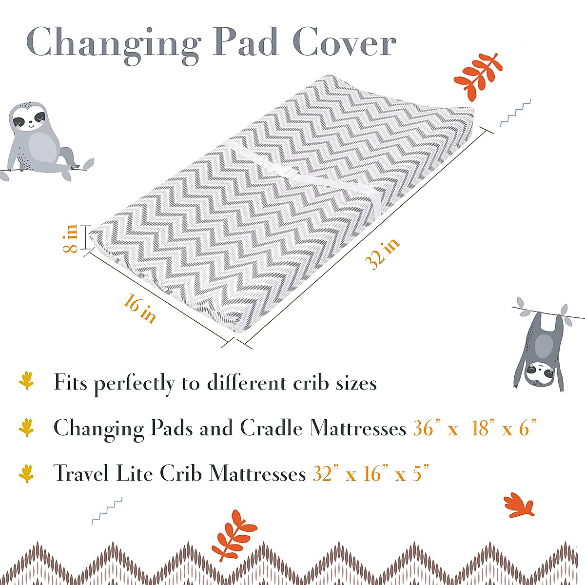 My Little Zone 100% Cotton Changing Pad Cover for Baby Boys and Girls, Chevron - Breathable Bassinet, Mini Crib Mattress Fitted Sheets - Little Sloth, 32"x16" with 8" Deep Pocket, White-Grey, 2 Pack