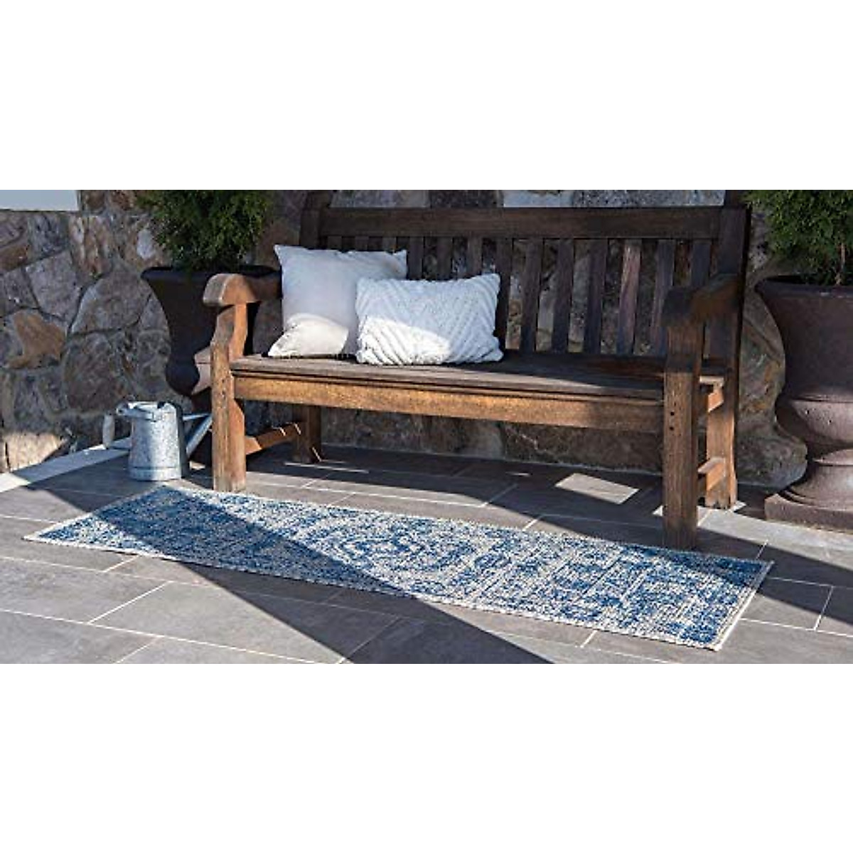 Unique Loom Outdoor Traditional Collection Area Rug - Timeworn (2' x 8' Runner, Blue/ Gray)