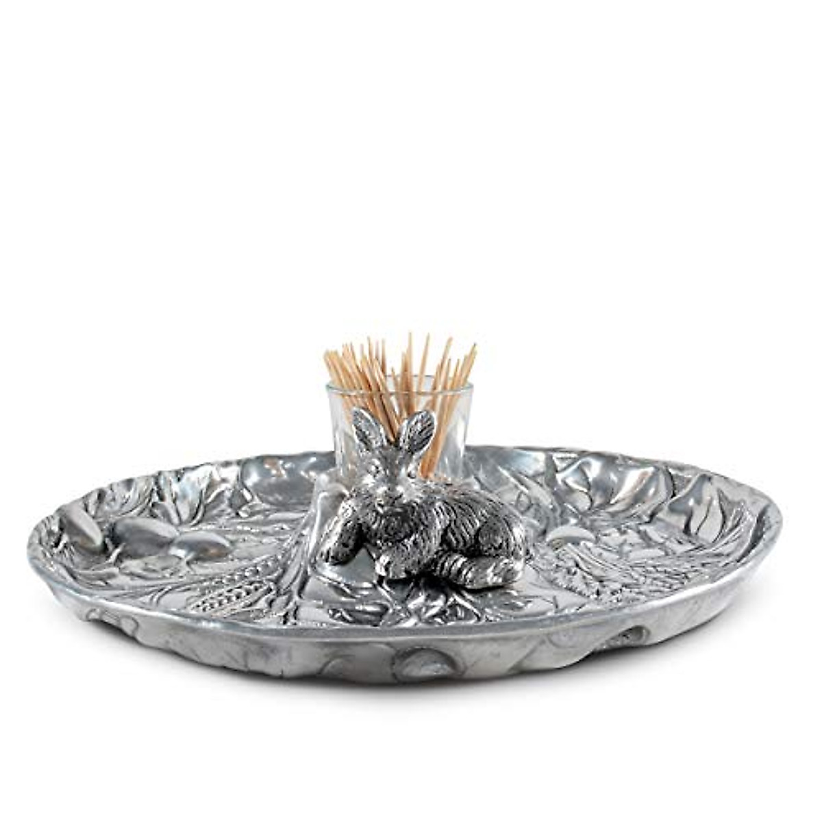 Arthur Court Aluminum Metal Rabbit Bunny Pattern Tidbit Cheese Hors d'oeuvres Tray with Glass for Toothpick - Durable Metal Silver Easter Entertaining 10.5 inch Diameter x 2.5 inch Tall
