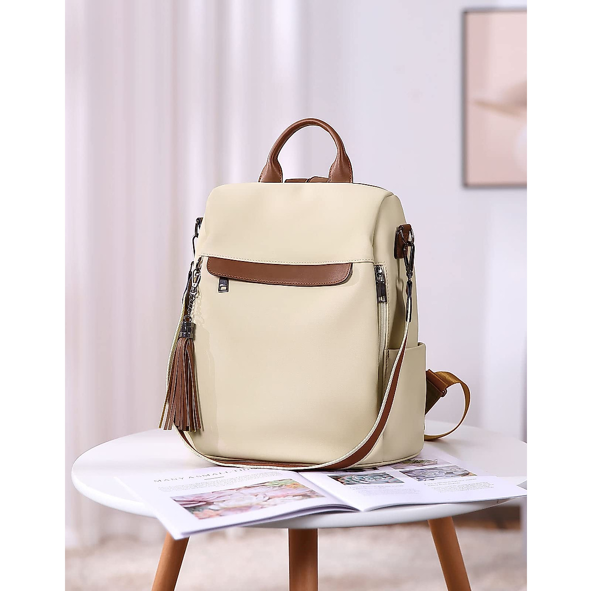 Telena Backpack Purse for Women, PU Leather Anti Theft Travel Backpack Purse Shoulder Bags with Tassel Contrast Creamy White