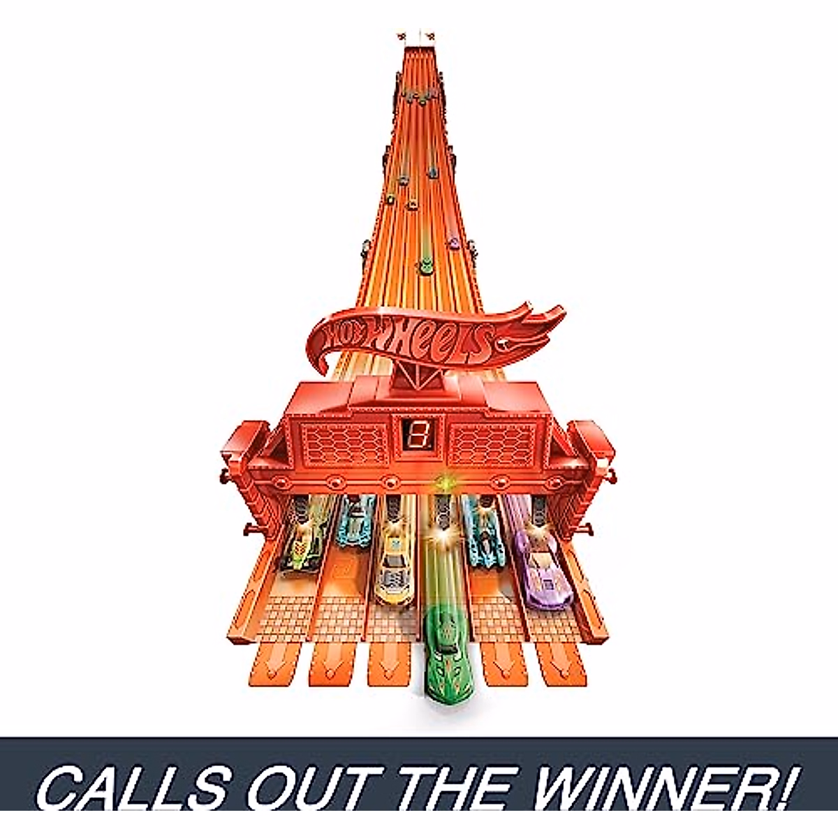 Hot Wheels Toy Car Track Set Super 6-Lane Raceway, 8Ft Track That Rolls Up for Storage, 6 1:64 Scale Cars