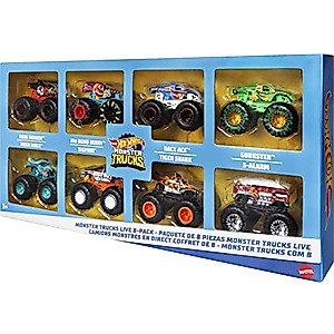 Hot Wheels Monster Trucks Live 8-Pack, Multipack of 1:64 Scale Toy Monster Trucks, Characters from The Live Show, Smashing & Crashing Trucks, Gift for Kids 3 Years Old & Up