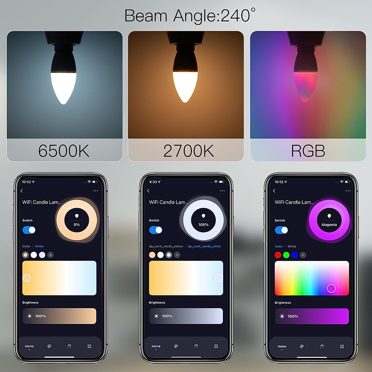 MoesGo Smart Candelabra Led Light Bulbs, WiFi E12 Smart Bulbs, 2700K-6500K CW& RGB Dimmable, Smart Life/Tuya APP Remote Control, Work with Alexa/Google Home, 470lm 5W (40W Equivalent) 4 Pack No Hub