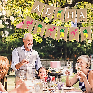 Whaline Hawaiian Aloha Burlap Banner Pineapple Flamingo Pattern Summer Garland Flag Pre-Assembled Tropical Theme Banner for Summer Beach Pool Barbecue Party Decoration Supplies, 2Pcs