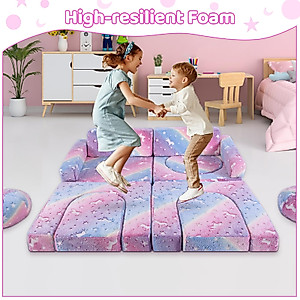 13 PCS Kids Play Couch, Modular Kids Play Couch Set,Glowing Toddler Couch, Kid Play Couch Sofa for Playroom and Bedroom (Rainbow)