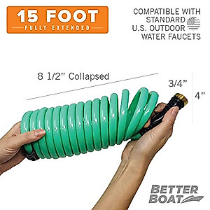 15FT Coiled Boat Hose | Coil Hose Water Hoses Expandable Perfect Coil Water Hose RV Wash Water Hose Spring Washdown Short Small 15 Foot Coiling Garden Marine Grade 3/4 Inch Connectors Self Recoil