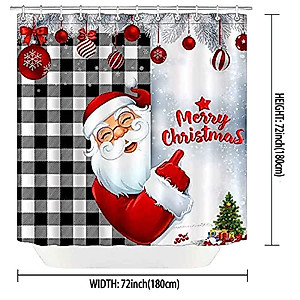 Dia Magico 4PCS Merry Christmas Shower Curtain Set, Santa Claus Xmas Balls Black White Buffalo Plaid Snowflake Holiday Country Rustic Farmhouse Bathroom Decor, Fabric Shower Curtain, Non-slip Bath Mat