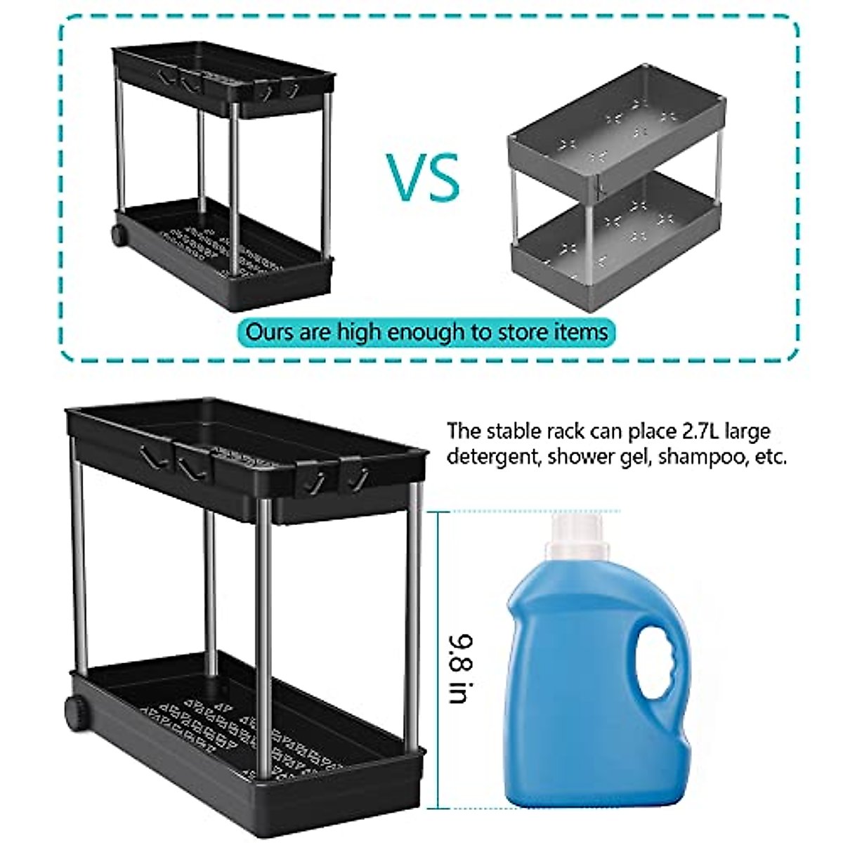 Durmmur [Upgrade Wheels] Under Sink Organizers and Storage, Slide Out Multi-Purpose 2 Tier Bathroom Organization Countertop or Undersink Shelf, Kitchen Under Cabinet Container Basket Caddy with Hooks