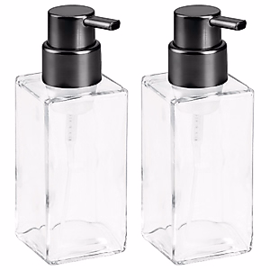 mDesign Glass Refillable Foaming Hand Soap Dispenser Modern Square Pump Bottle for Bathroom Vanities or Kitchen Sink, Countertops - 2 Pack - Clear/Black