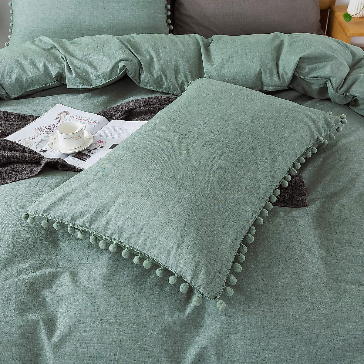 Softta 20x36 Pompom Pillow Shams Pillow Covers 2 pcs Ball Trimmed Cute Pretty Girls Pillowcases 100% Cotton Green Cover Twin/Full/Queen (NO Comforter NO Filling)