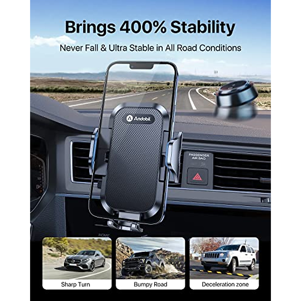 (2023 Upgraded) andobil Car Phone Mount [Military Sturdy, Firmly Grip & Never Slip] Air Vent Cell Phone Holder Car, Ultra Stable, Easy Used, Compatible with iPhone 13 14 12 Pro Max Android Samsung S23