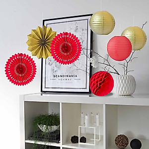 ANSOMO Red and Gold Party Decorations Paper Fans Lanterns Tissue Pom Poms Wall Hanging Decor Supplies Bridal Baby Shower Birthday Wedding Graduation