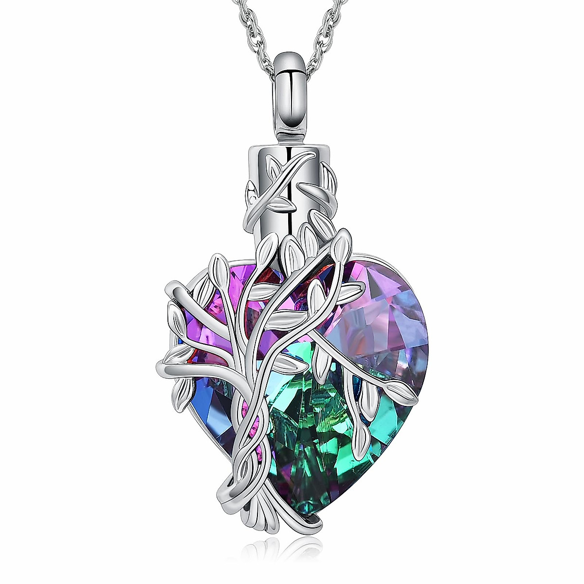 shajwo Tree of Life Cremation Heart Urn Ashes Necklace for Women Men Cremation Crystals Ash Pendant Loved One Memorial Jewelry,Silver-Purple Green
