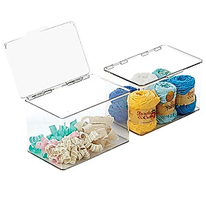 mDesign Small Plastic Stackable Lidded Craft Storage Box - Stacking Container Bin Tubs with Labels for Hobby, Crafts, and Organizing Art Supplies - 2 Bins + 32 Printed Labels - Clear