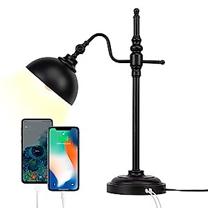JCPYIUL Desk Lamp with 2 USB Charging Port Black Metal Table Lamp E26 Industrial Standing Lamp Rustic Modern Desk Lamp Vintage Work Lamp for Bedroom Office Living Room