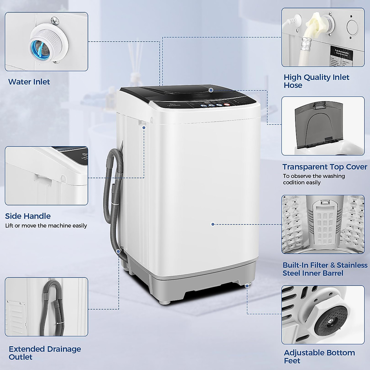 Nictemaw Portable Washing Machine, 20Lbs Capacity Full-Automatic Portable Washer, 2.8Cu.ft Washer and Dryer Combo with Drain Pump, 10 Programs & 8 Water Levels for Apartment, Dorms, RV