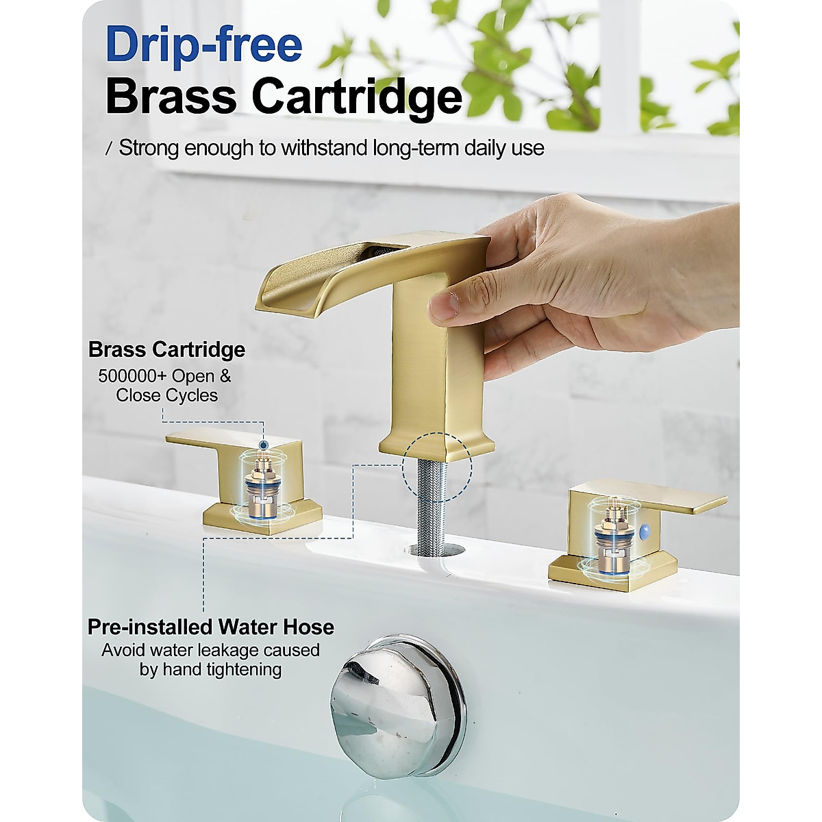 HOIGY Roman Bathtub Faucet Deck Mount 3 Hole, Brass Waterfall Faucet for Bathtub 6-16 Inch, Brushed Gold Tub Faucet Set 2 Handle, High Flow Widespread Bathtub Faucets with Water Hoses for Hotel