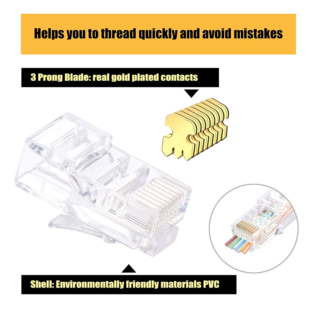 VCELINK RJ45 Cat5e Cat5 Pass Through Connectors, Cat5e RJ45 Ends, RJ45 Modular Plugs for Solid or Stranded UTP Network Cable 100-Pack