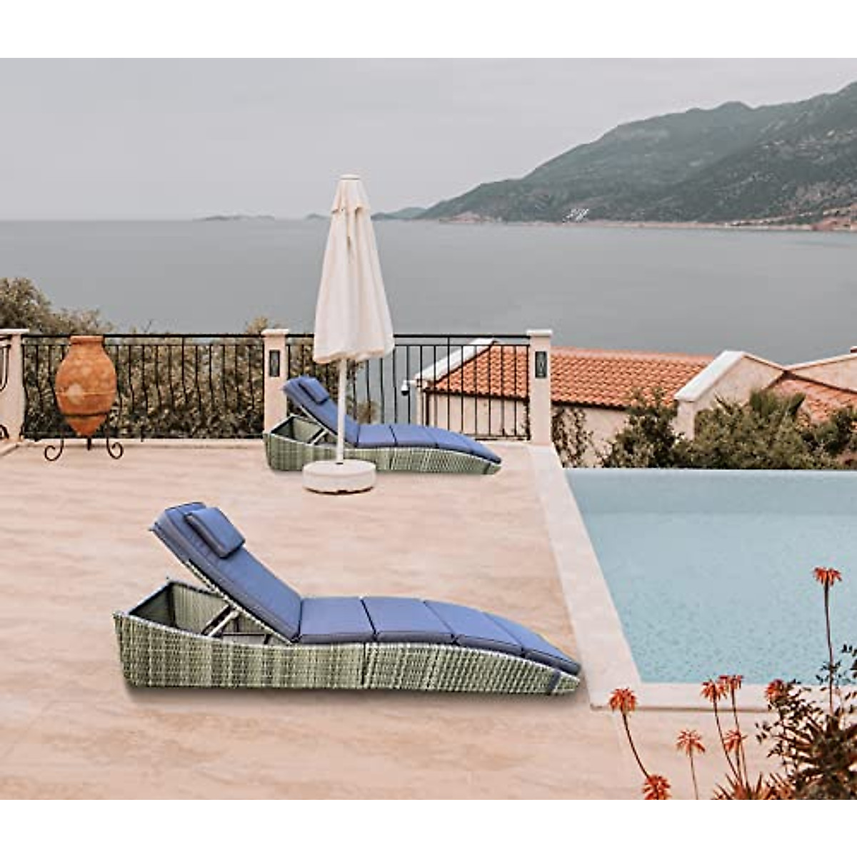 BTEXPERT Foldable Outdoor Chaise Pool Lounge Chair Folding Wicker Rattan Sun Bed Patio Couch Reclining Lounger Adjustable Padded Backrest Pillow Assembled Set of 2, Grey - Two Piece