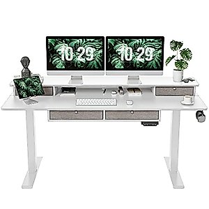 FEZIBO Sturdy Height Adjustable Electric Standing Desk with Drawers, 63 x 24 Inch Stand Up Table with Large Storage Shelf, Sit Stand Desk, White Top