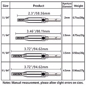 Japard Self Centering Drill Bit Set for Hinges 4 Pcs, 1/4 Hex Shank with 5/64, 7/64, 9/64, 11/64 inches Door Window Cabinet