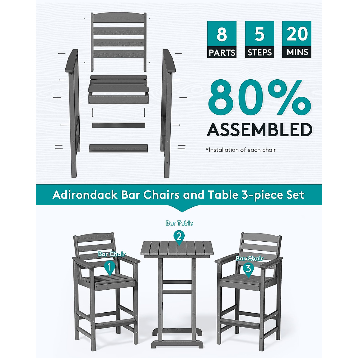 SERWALL Balcony Adirondack Chairs and Table 3 Pieces Set, Adirondack Bar Height Chairs Set of 2 and Bar Table, Outdoor Bar Stools Set, Gray