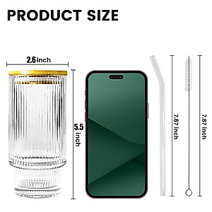 Icesip 4 Pcs 11 oz Drinking Glasses Cups Set with Bamboo Lids Straws Brush Hobnail Drinking Glassware Set for Juice Iced Coffee Beer Cocktail Whiskey