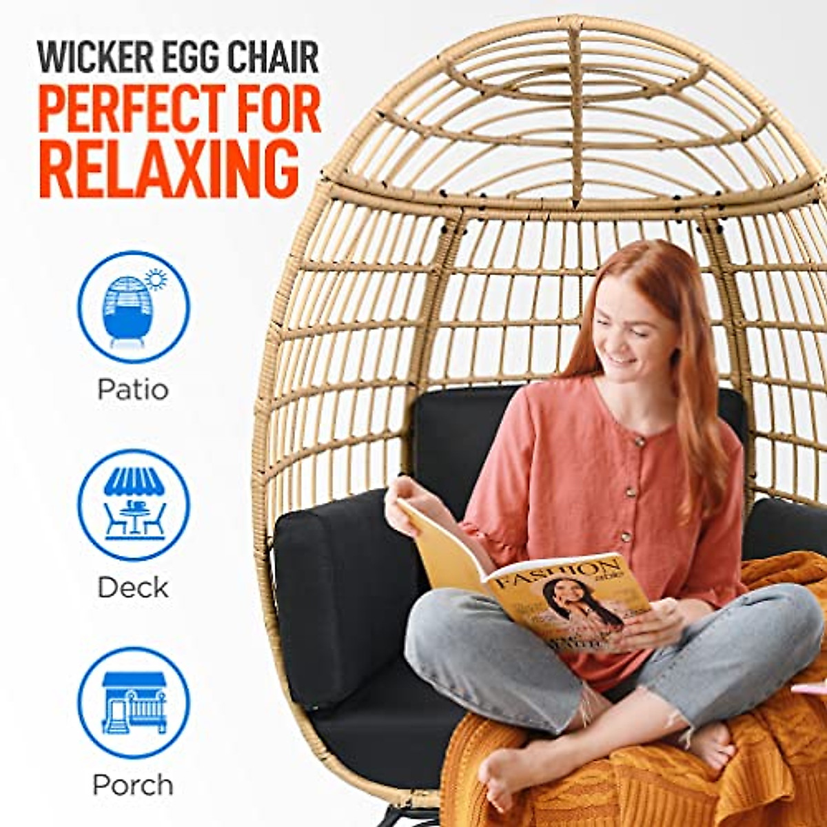 Wicker Rattan Egg Chair, Indoor Outdoor Black Sofa Chair for Patio Backyard and Living Room with 4 Cushions and Powder Coated Steel Frame, Woven Texture Contemporary Ribbed Back Design