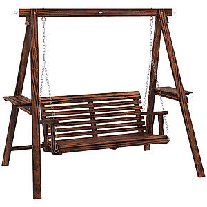 Outsunny 2-Seat Porch Swing Loveseat, Wooden Patio Swing Chair with Stand and Side Tables, for Garden, Poolside, Backyard, Carbonized