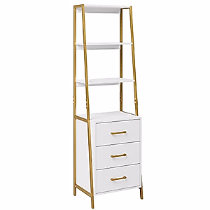 HITHOS 4-Tier Bookshelf, Tall Bookcase with 3 Wooden Drawers, Modern Ladder Book Shlef Storage Organizer for Living Room, Entryway, Office, White Gold