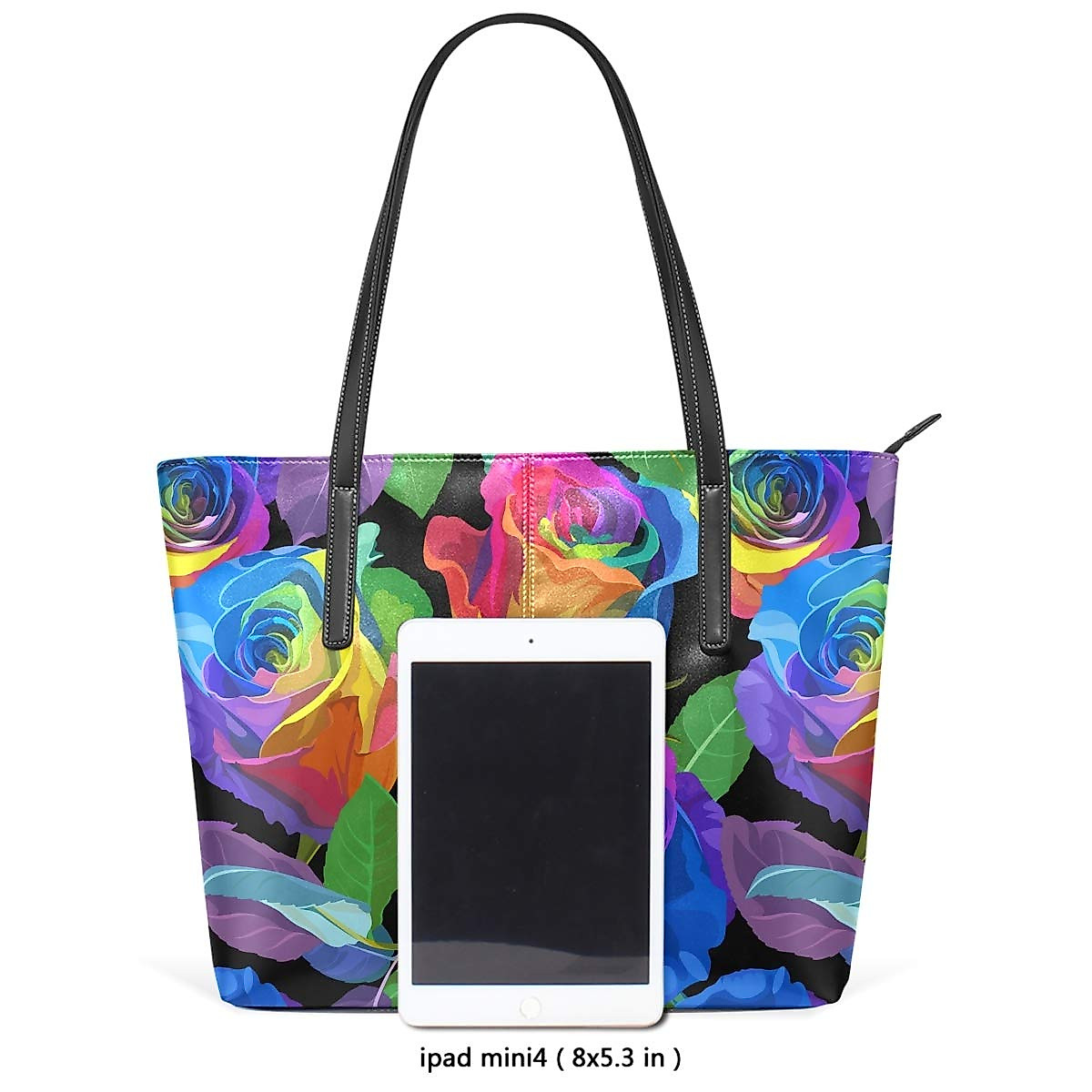 MNSRUU Tote Bag for Women Multicolored Roses On Black Background Tote Bag Purses and Handbags Shoulder Bag Big Capacity PU Leather Handbag Womens Tote Bags for Work