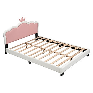 Merax Kid Full Upholstered Day Bed Frame with Crown Headboard, Wood Princess Low Platform Bed for Boys Girls,Easy Assemble White+Pink