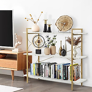 fusehome 3 Tier Bookshelf, Modern Open Low 3 Shelf Bookcase,Small Book Shelves for Bedroom, Wood and Metal Display Shelves Storage Bookshelves,for Home Office,Living Room, Kitchen,White&Gold