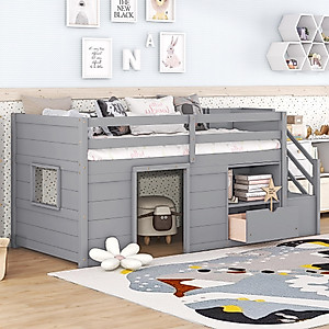 DEYOBED Twin Size Low Loft Bed with Play Space, Functional Solid Wood Bed Frame with Stair, Drawer and Shelf for Kids Girls Boys, Gray