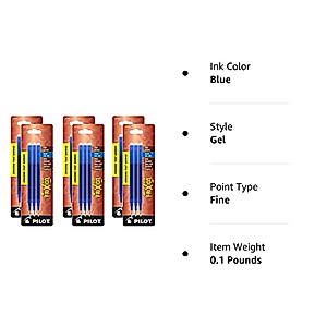 Pilot Gel Ink Refills for FriXion Erasable Gel Ink Pen, Fine Point, Blue Ink, 6 Packs total of 18 refills (77331)