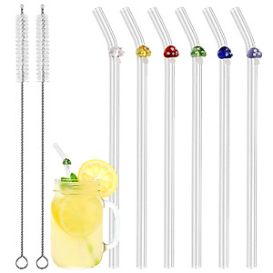 5/6Pcs Reusable Glass Straws, with 2 Cleaning Brushes, Clear Cute Butterfly Cherry Mushroom Straws Heat-Resistant Glass Straws for Smoothies Tea Juice Milkshakes Dishwasher Safe (Mushroom)
