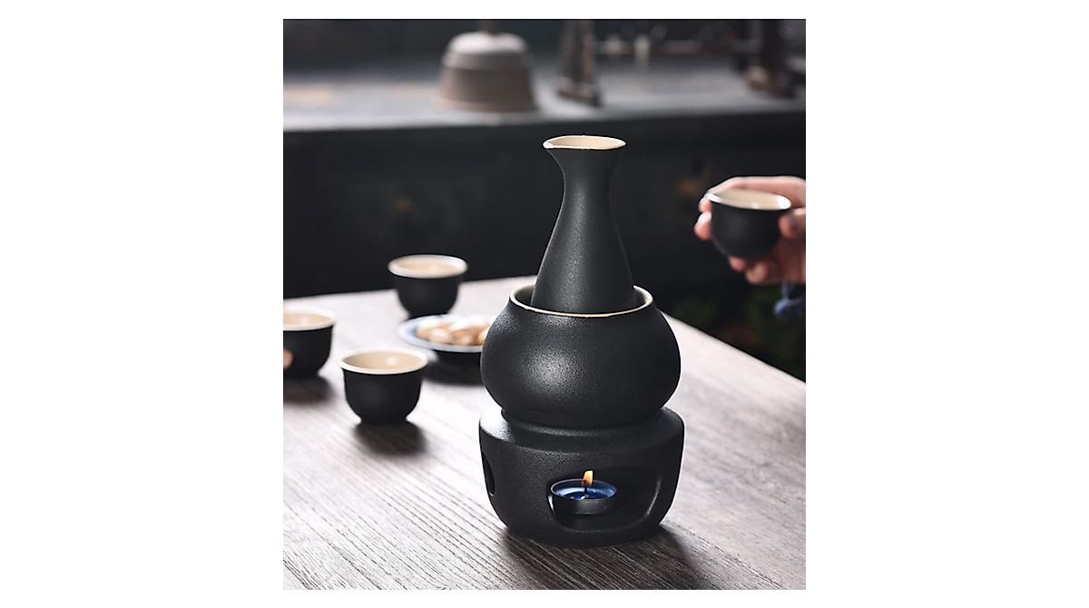 Tosnail 7-Pc Black Japanese Sake Set with Warmer | Hot Saki