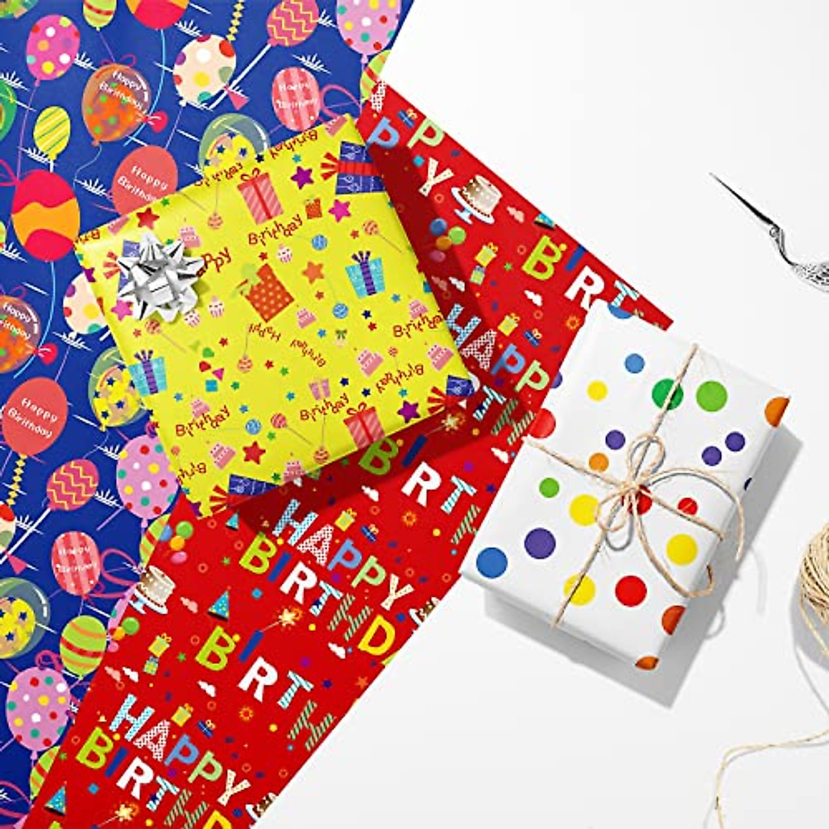 Ulmasinn Birthday Wrapping Paper Flat 8 Sheets for Boys Girls Kids Baby Shower, Two of the Yellow Gift Wrapping Paper Has the Word Birthday Spelled Wrong, 20 X 29 Inches Each