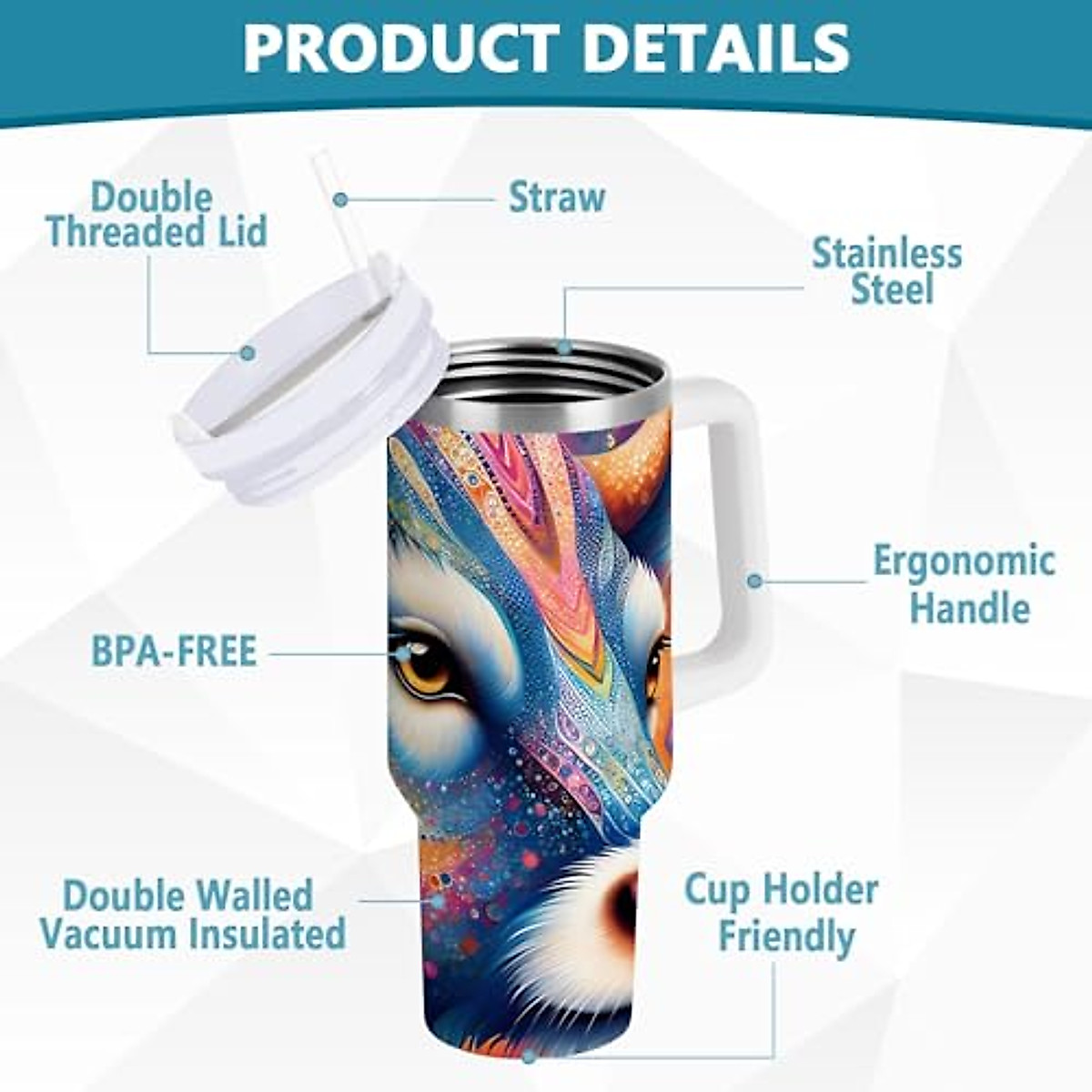 Nexawaveo Stainless Steel Tumbler with Handle and Straw Psychedelic Bull Colorful Dots Fits in Standard Cup Holder Iced Coffee Cups for Smoothie Cocktail Beer Soda Fruit Juice