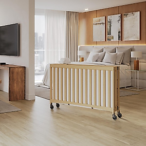 Foundations Travel Sleeper Full-Size Wooden Folding Crib, Portable Baby Crib with 3” InfaPure Foam Crib Mattress and Commercial Grade Casters, Hotel Crib (Natural)