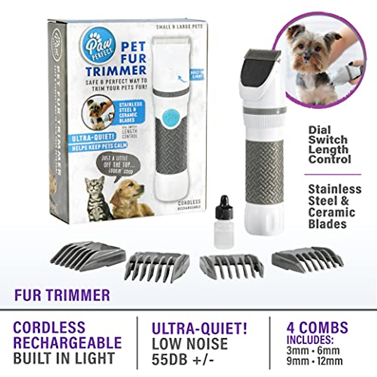 Bell+Howell PawPerfect Pet Fur and Hair Trimmer Dog Hair Clippers with Stainless Steel and Ceramic Blades Low Noise Rechargeable and Cordless Shaver for Dogs Cats and Other Furry Pets As Seen On TV