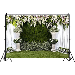 Laeacco Arch Wedding Flowers Backdrop 10x8ft Vinyl Photography Background Stone Planter Flowers White Curtain Green Ivy Wall Decoration Outdoos Ceremony Green Grassfield Backdrop
